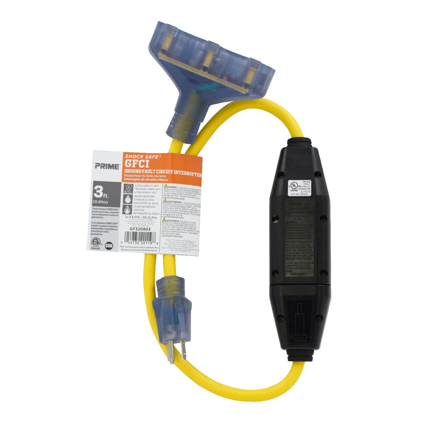 3ft 12/3 SJTW In-Line GFCI Triple-Tap Adapter — Prime Wire & Cable Inc.