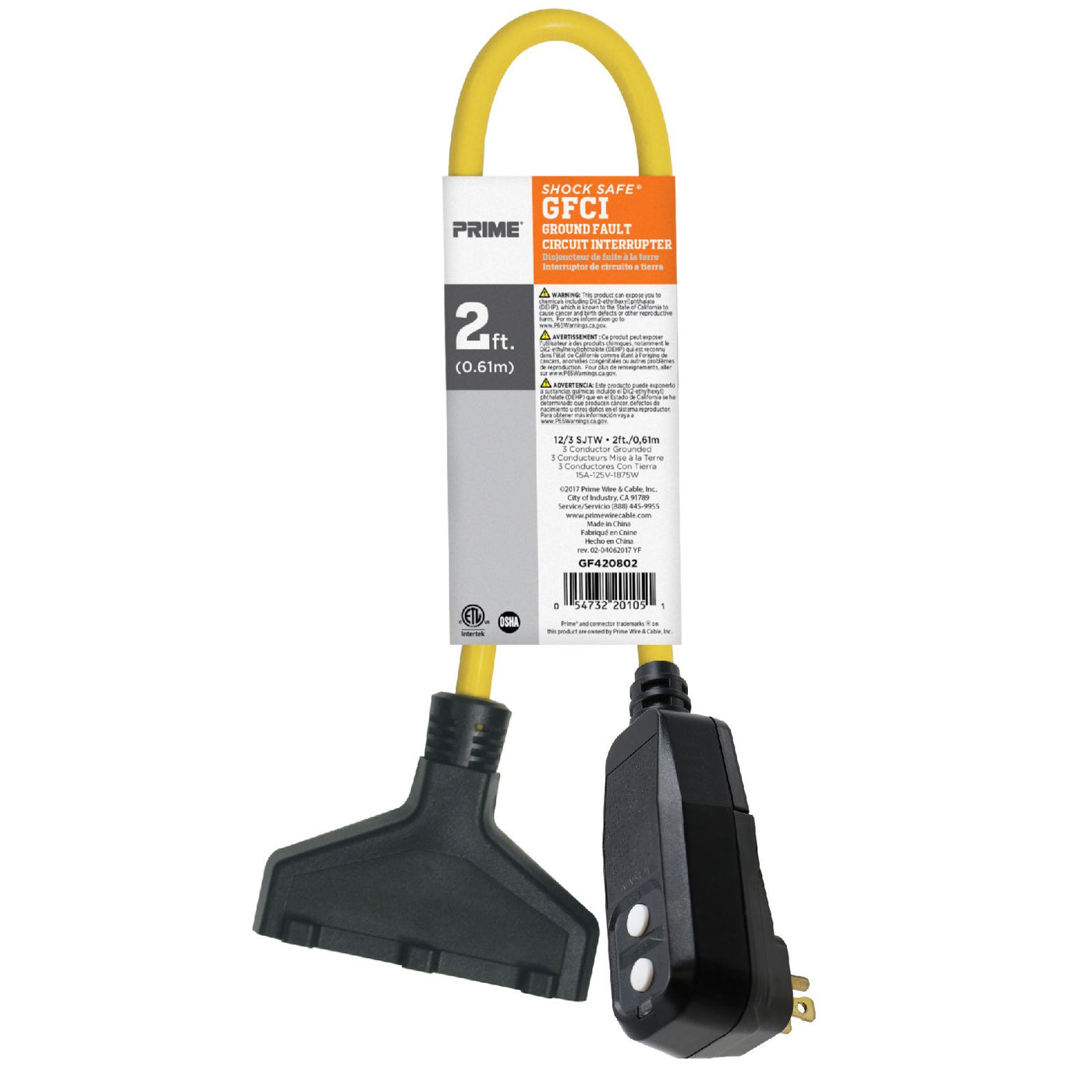 2ft 12/3 SJTW Triple-Tap Adapter w/GFCI Plug — Prime Wire & Cable Inc.