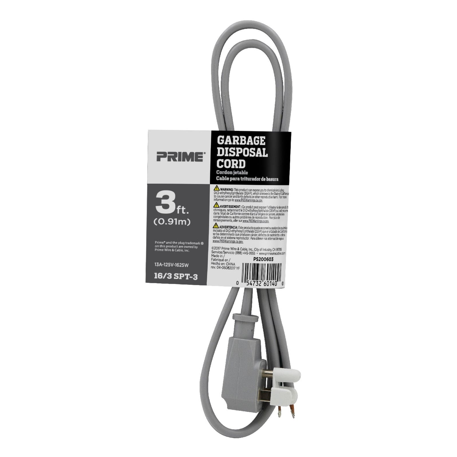 3ft 16/3 SPT-3 Garbage Disposal Cord w/Right Angle Plug — Prime Wire ...